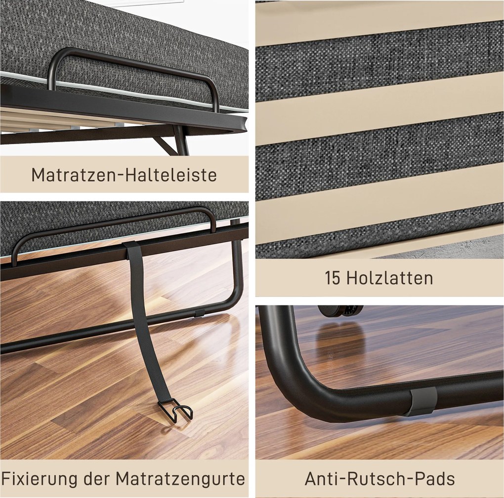 Skládací postel pro hosty HOMCOM s kolečky, 190x80 cm, 10 cm matrace, potah a boční taška, tmavě šedá, ideální do ložnice a na cesty | Aosom.de