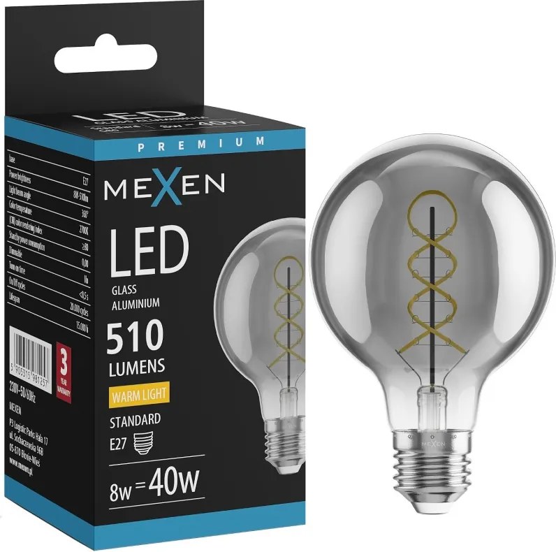 Mexen Vintis, LED filamentová žárovka E27, G80, 8 W, teplá bílá 2700K, kouřová, L165-E27-0827-70