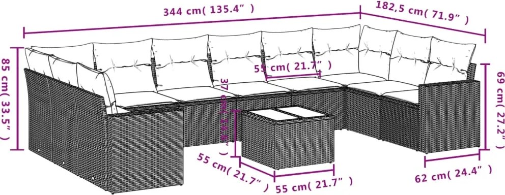 11dílný zahradní sedací souprava s poduškami béžový polyratan 3251816
