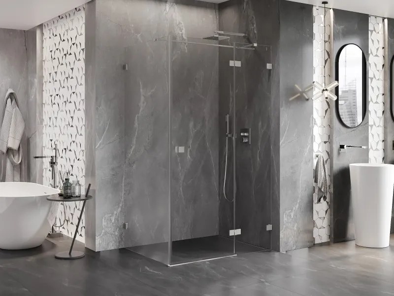 Mexen Lunar T, sklopný sprchový kout pravý 135 x 110 cm, 8mm čiré sklo, ocelový profil, 834T-135-110-97-00-P