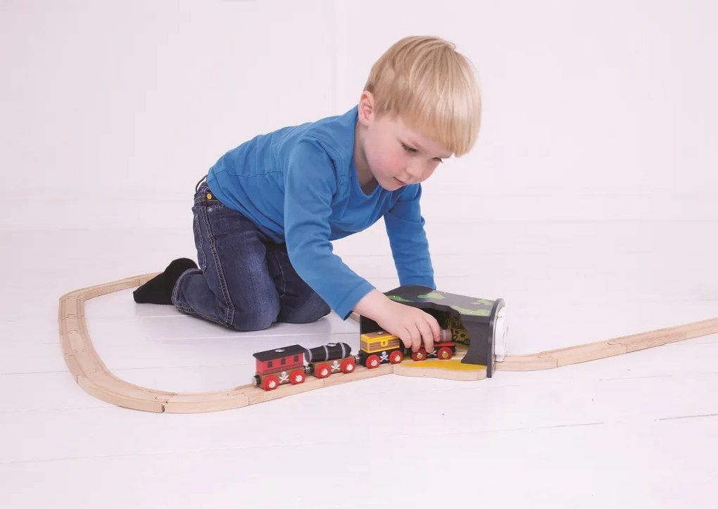 Bigjigs Rail Dřevěný tunel s výhybkou jeskyně lebka