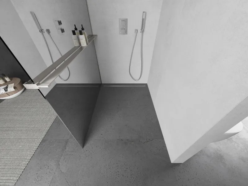 Mexen Kioto+ L, sprchová zástěna Walk-In s poličkou a věšákem 120 x 200 cm, 8mm sklo vzor zrcadlo, broušená ocel profil, 800-120-123-97-50