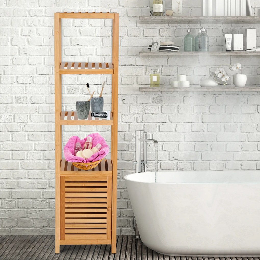 HOMCOM Koupelnová skříňka se 3 otevřenými přihrádkami z bambusu, toaletní skříňka přírodní 36x33x140cm pro optimální skladování