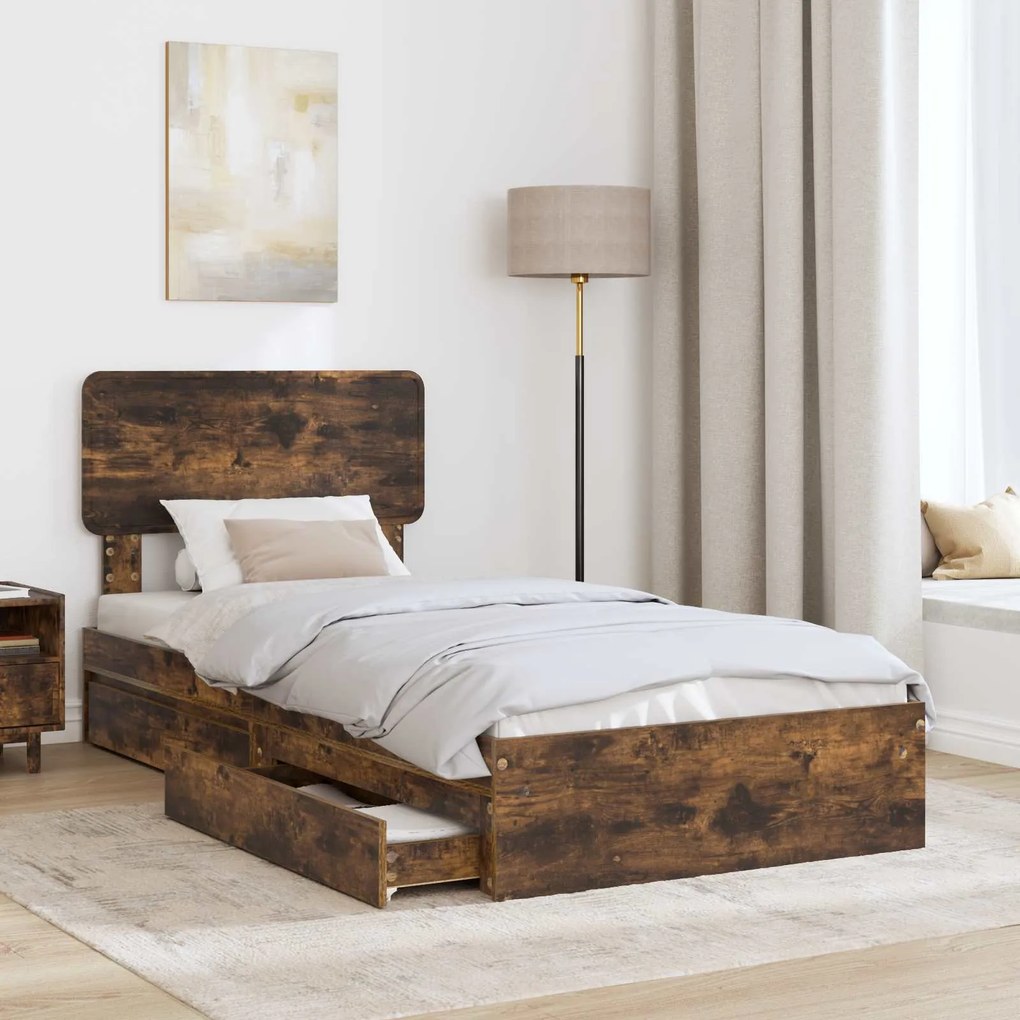 Postel s úložným prostorem se zásuvkou Kouřový dub 90 x 190 cm 3412322