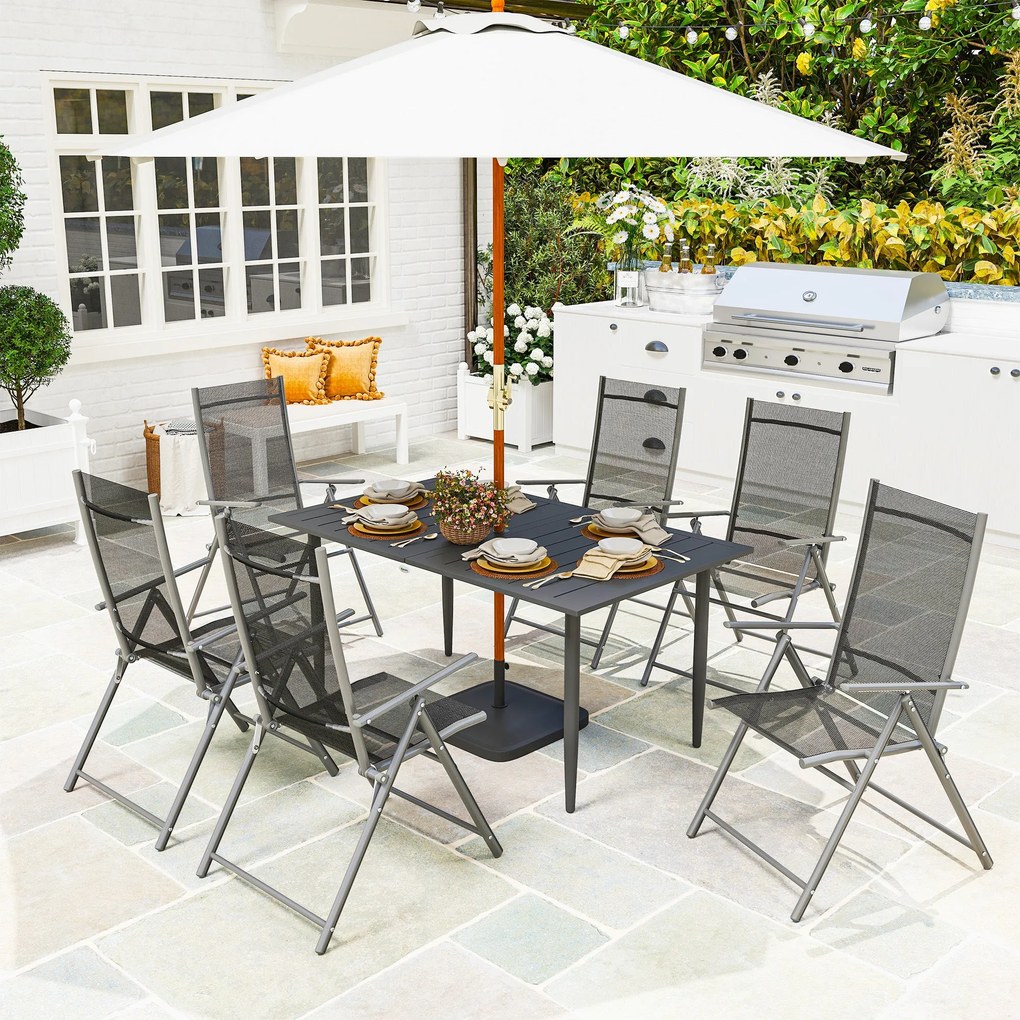 Zahradní stůl Outsunny 150x90cm, odolný ocelový balkonový stůl, balkonový stůl s otvorem pro slunečník, design prken, venkovní kempingový stůl, vedle…