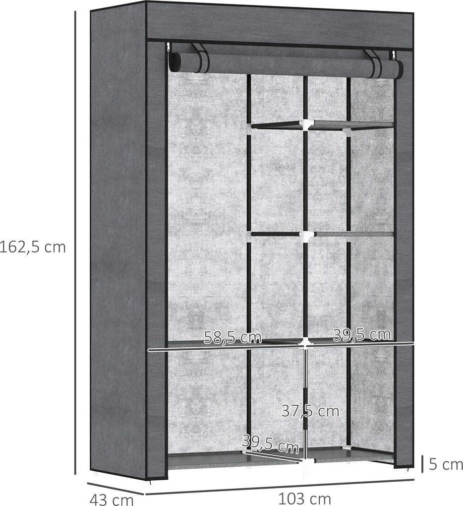 HOMCOM Textilní Šatní Skříň s 6 Policemi, Šatní Tyč, Zipová Skříň do Předsíně a Ložnice, 103 x 43 x 162,5 cm, Tmavě šedá