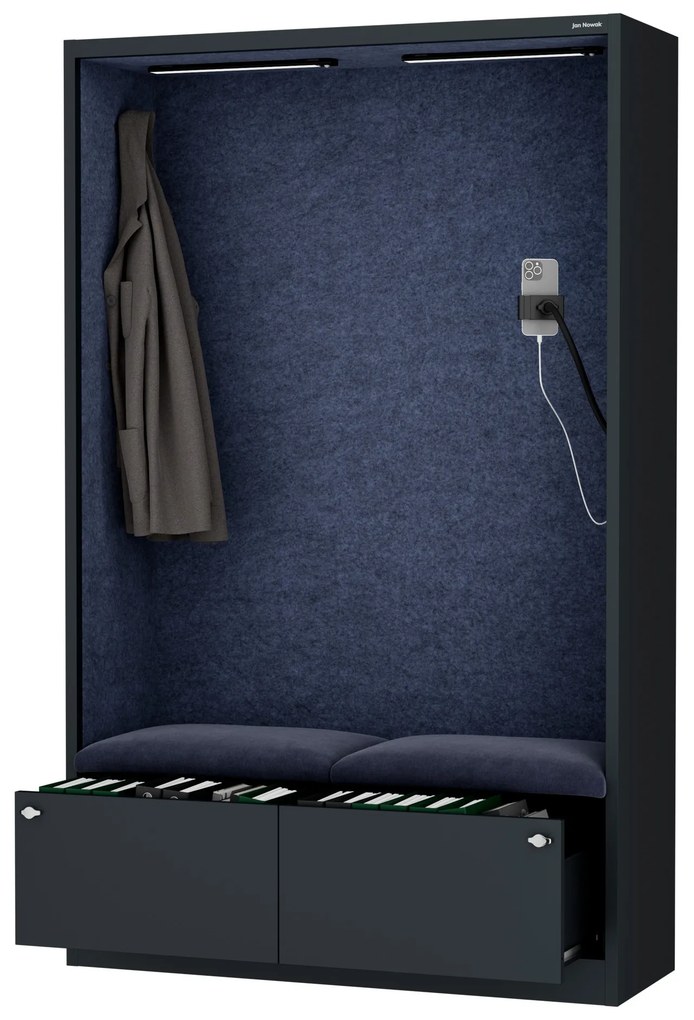 Kancelářská akustická kabina se sedátkem a USB-C portem, korpus antracitový / sedák námořnická modrá, 1150 mm: SALLY MentalBox