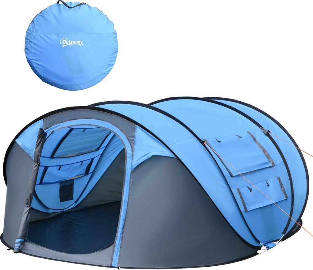 Outsunny Pop-up Stan pro 4-5 Osob - Okna, Kapsy a Voděodolná UV Ochrana - Taška 263,5x220x123 cm Modrá | Aosom