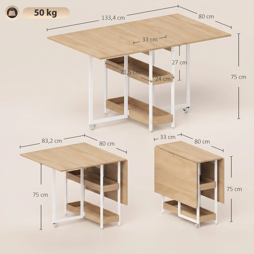 HOMCOM Skládací jídelní stůl v průmyslovém designu, pro až 4 osoby, otevřené police, flexibilní, kov, dřevotříska, přírodní dřevěný vzhled
