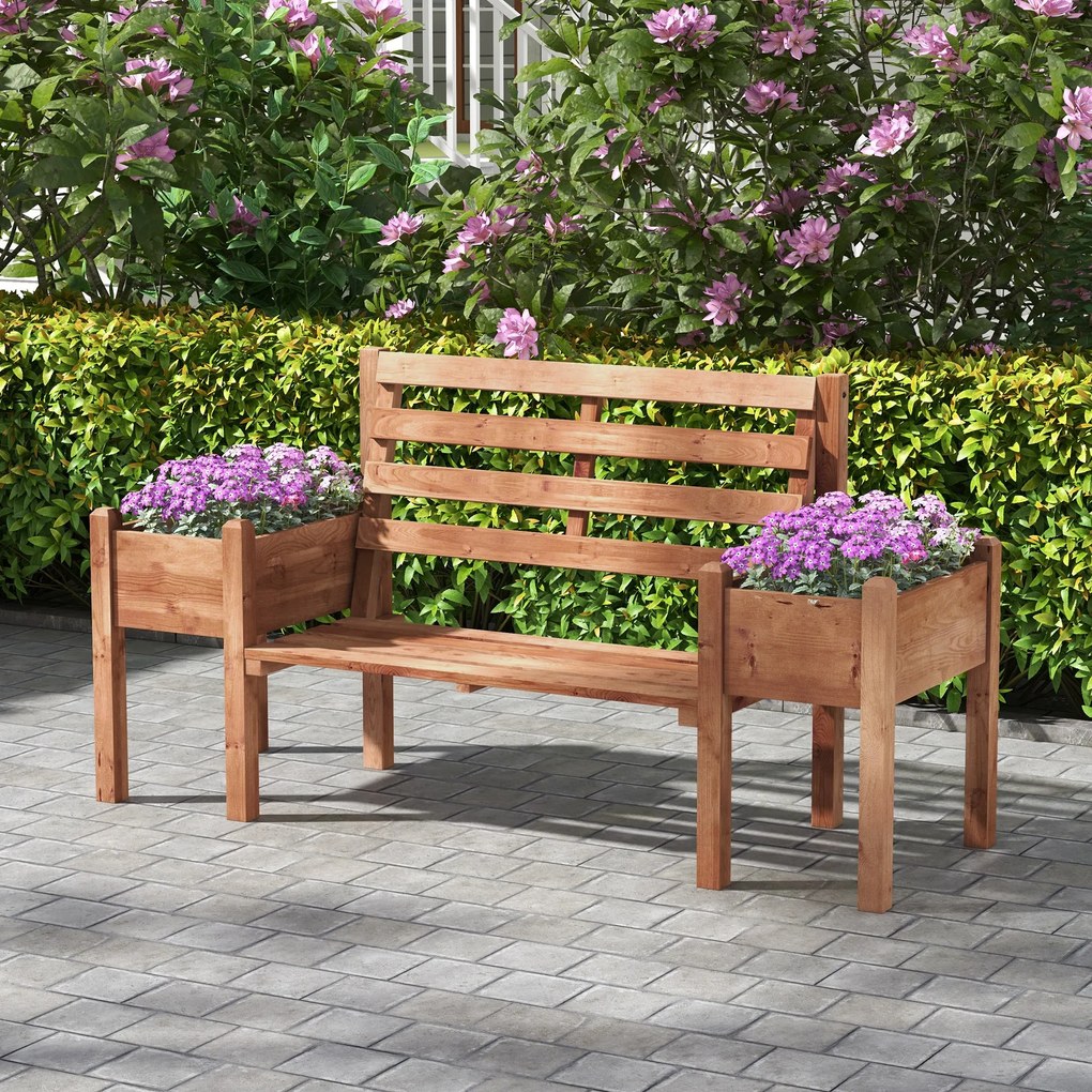 Zahradní lavička Outsunny, pro 2 osoby, dřevěná lavička s květináčem, vhodná do zahrady a na terasu, nosnost až 240 kg, 184 x 59 x 95 cm, tmavě hnědá