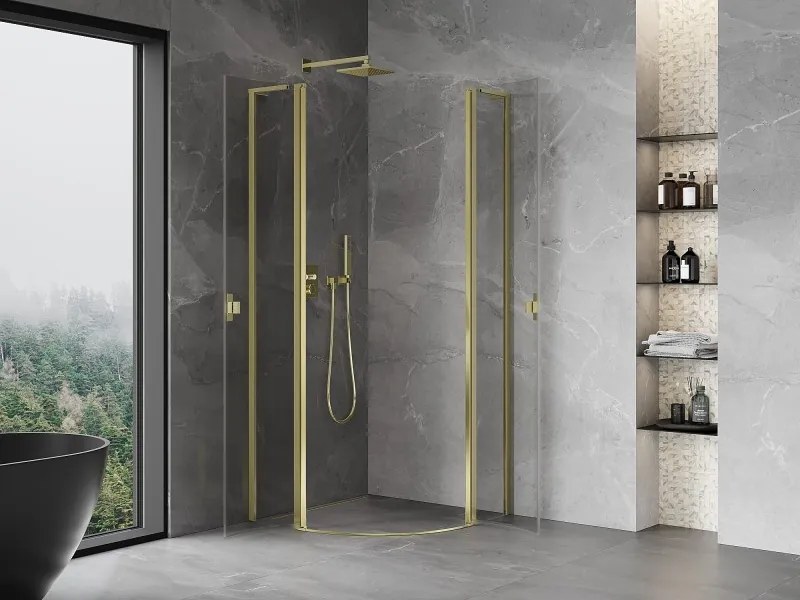Mexen Mist L, čtvrtkruhový sprchový kout s 2-křídlými dveřmi, 100 x 100 cm, 8mm čiré sklo, zlatý lesklý profil, 8A32L-100-100-50-00
