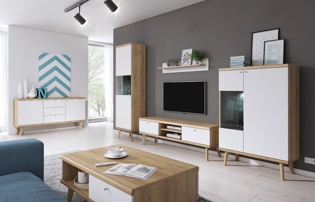 PSK Vitrínová skříň PORO, Dub Riviera/Bílá 90 cm