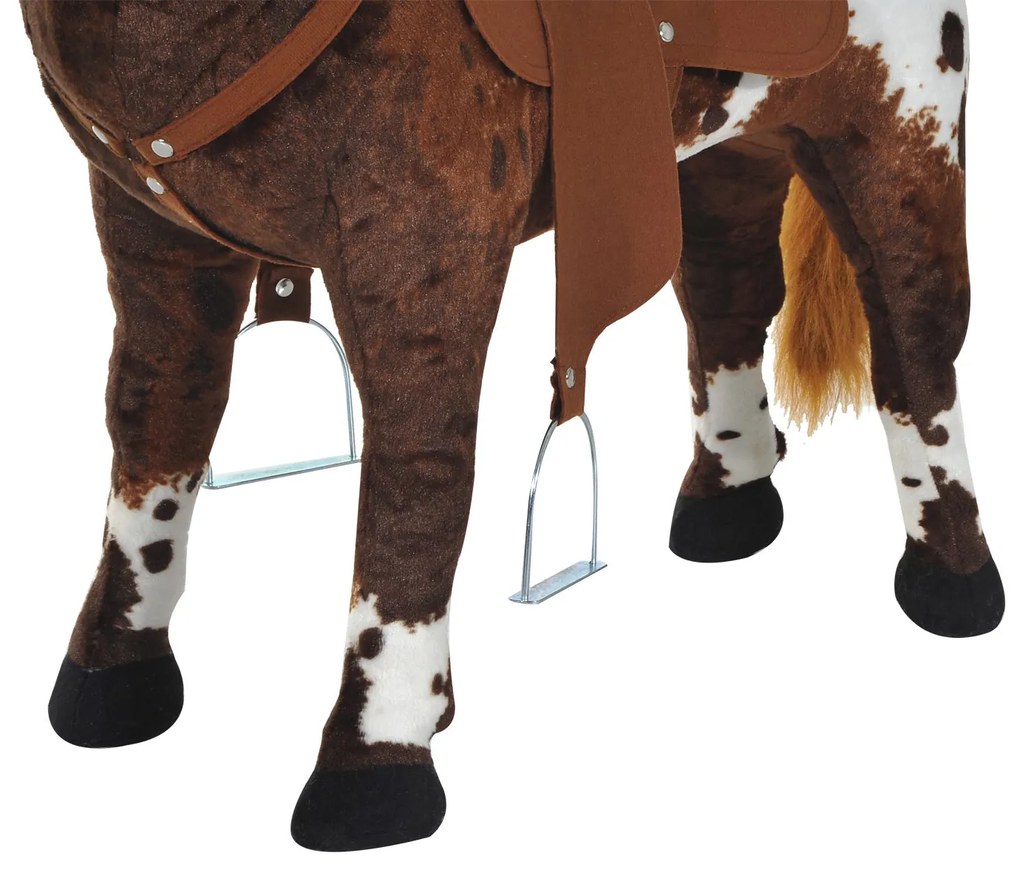 HOMCOM Jezdecký kůň na hraní pro děti se zvukem, plyšová hračka z kovu, hnědobílá barva, 85x28x60cm, ideální pro zábavu a hry |
