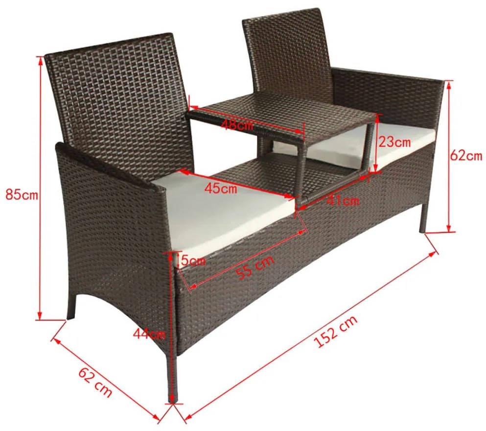 vidaXL Marketos 2místná zahradní pohovka s čajovým stolkem polyratan hnědá