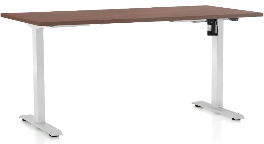 Výškově nastavitelný stůl OfficeTech A, 160 x 80 cm, bílá podnož, ořech