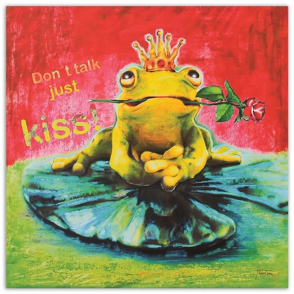 Obraz na plátně Nápis Frog Flower Kiss - 50x50 cm