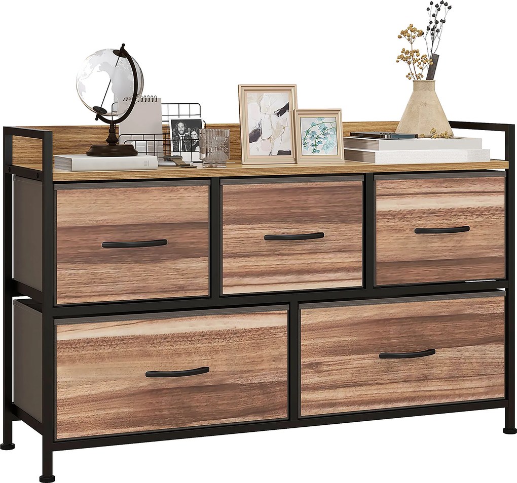HOMCOM Komoda se 5 textilními zásuvkami 98 x 29 x 63 cm, černý ocelový rám