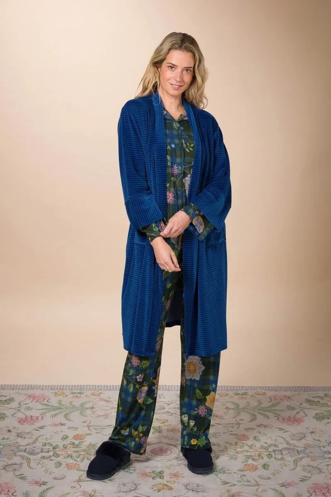 Pip Studio Naomi Kimono Velvet Little Sumo Stripe, tmavě modré (Bavlněné sametové kimono)