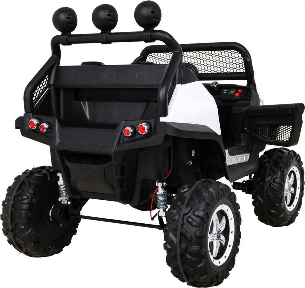 Ramiz Mercedes Benz Unimog elektrické autíčko pro děti bílé + pohon 4x4 + dálkové ovládání + nosič zavazadel + pomalý start + MP3 + LED