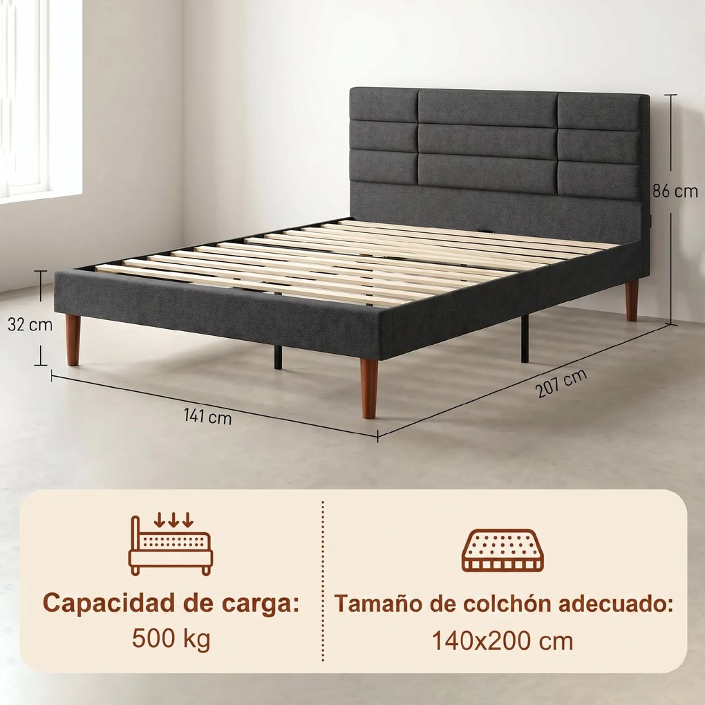 HOMCOM čalouněná postel 140x200 cm s polstrovaným čelem, úložný prostor pod postelí, dřevěné lamely, šedá