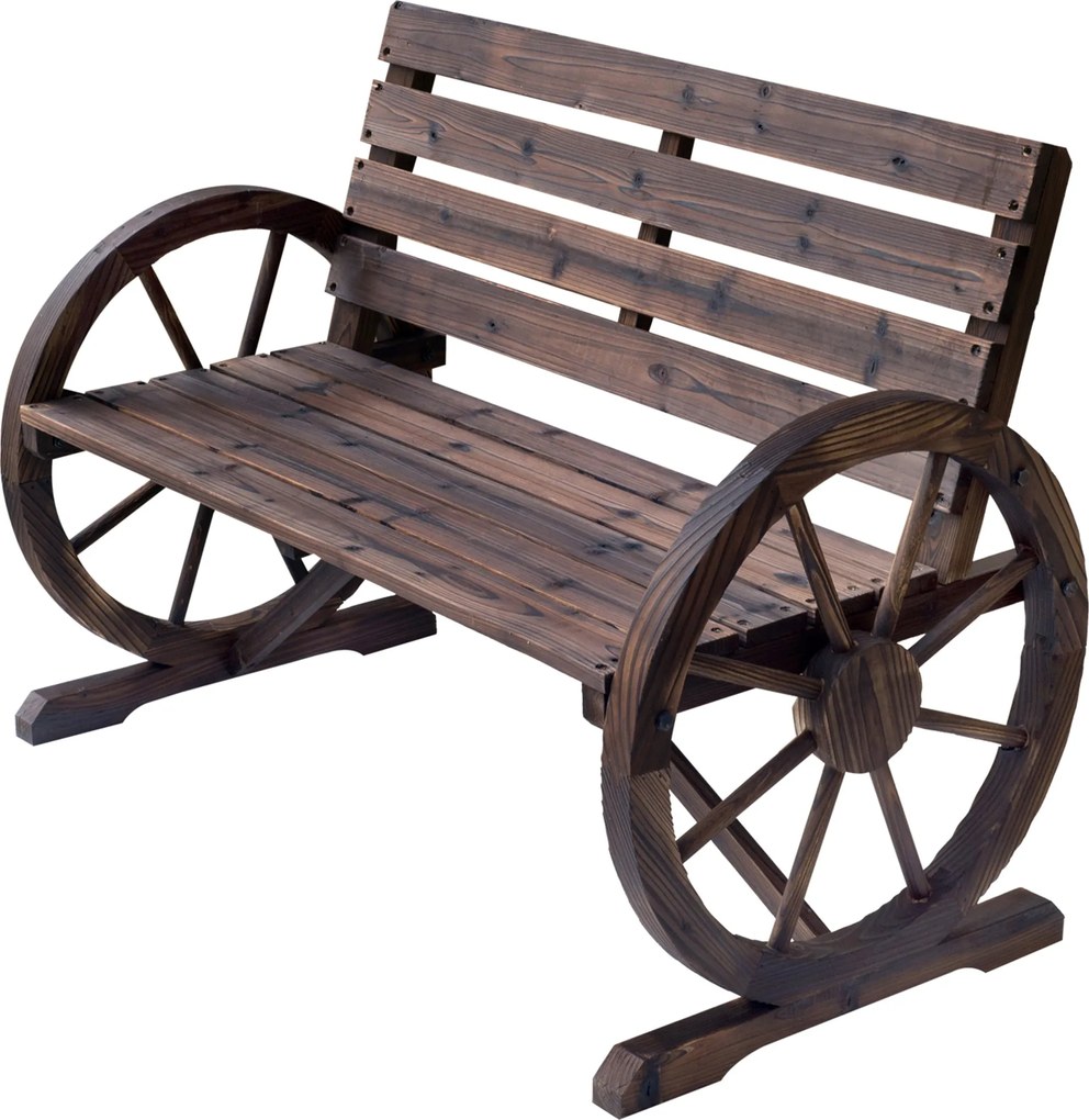 Outsunny Zahradní Lavice Dřevěná Rustikální Lavice s Kolečkovými Opěrkami Wagon Wheel Lavice Venkovní Lavice Terasová Lavice Parková Lavice z Masivníh