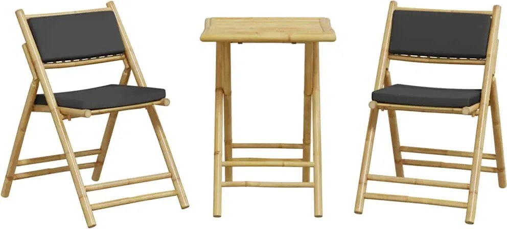 3dílný skládací bistro set s tmavě šedými poduškami bambus 3208934