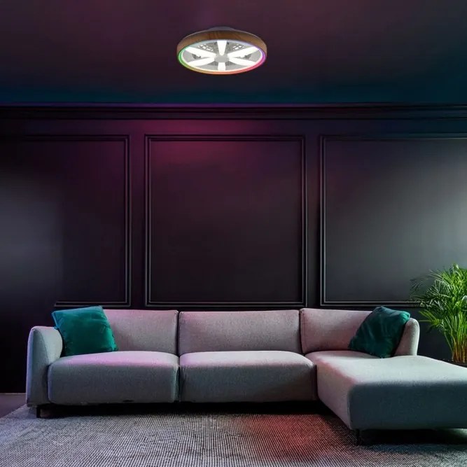 Brilliant G80935/76 Stmívatelné LED svítidlo GAIANO dekor DŘEVO, reverzní VENTILÁTOR LED RGB