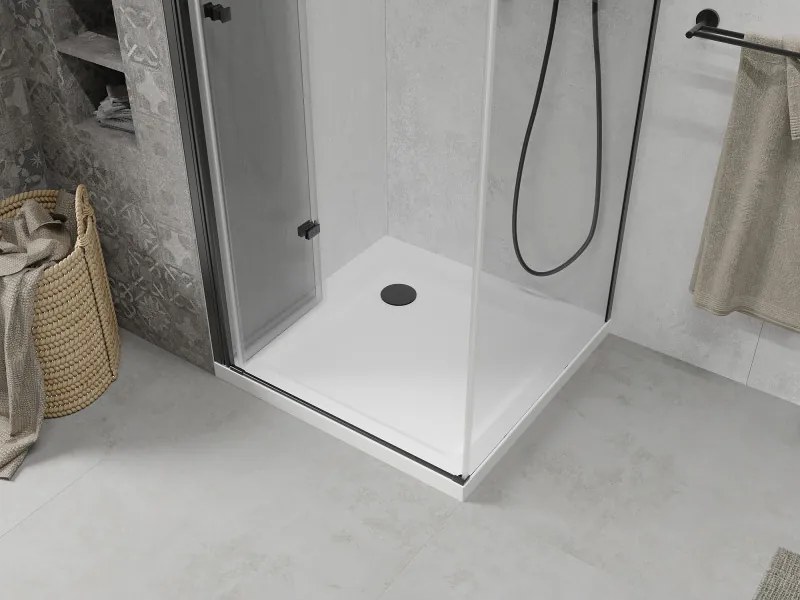 Mexen Lima, sprchový kout se skládacími dveřmi 70 (dveře) x 70 (stěna) cm, 6mm čiré sklo, černý profil + slim sprchová vanička bílá s černým sifonem, 856-070-070-70-00-4010B