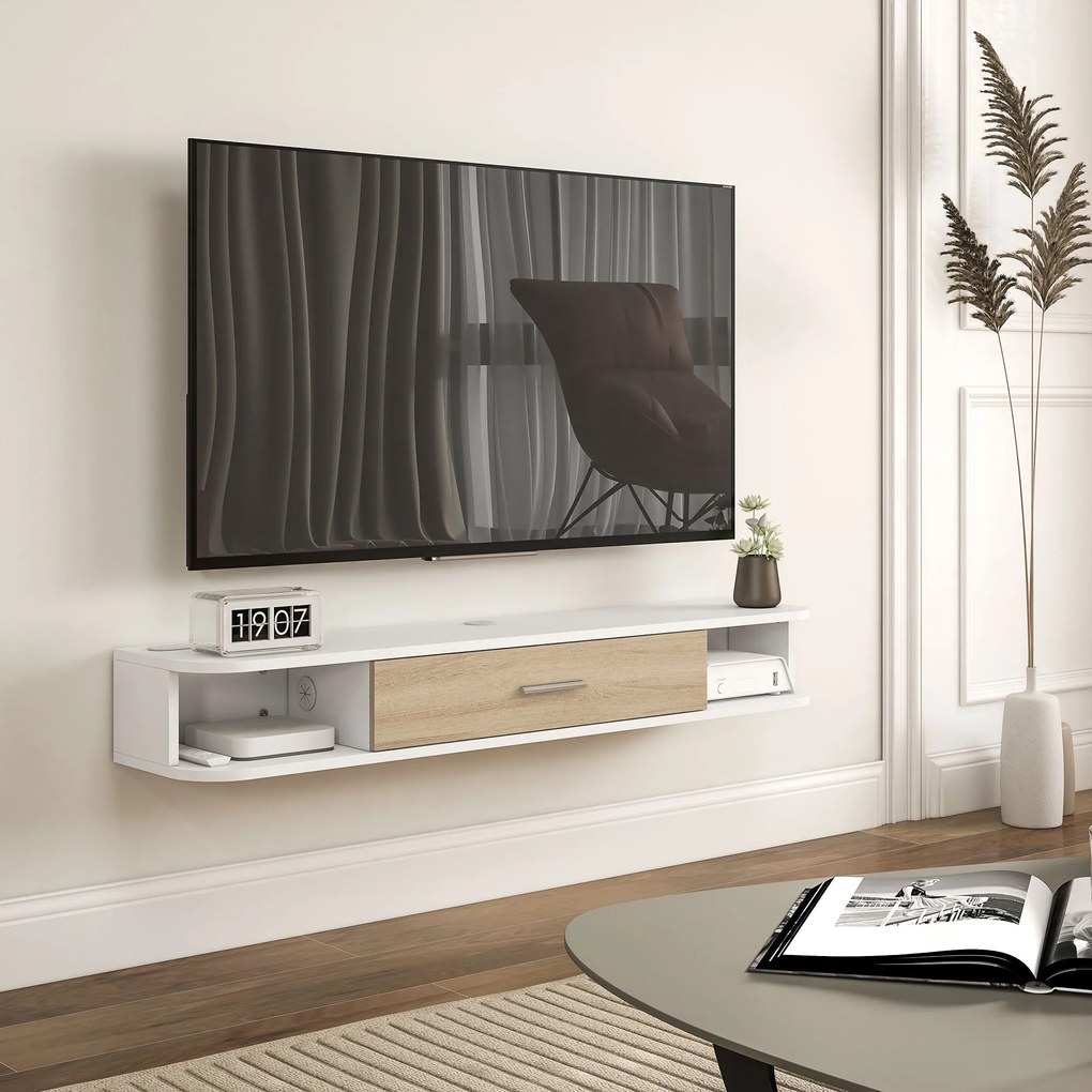 HOMCOM Nástěnný TV stojan, skříňka na TV pro televize až 50 palců s 2 otevřenými přihrádkami a skříňkou s klopným víkem 120L x 26W x 16H cm Bílá
