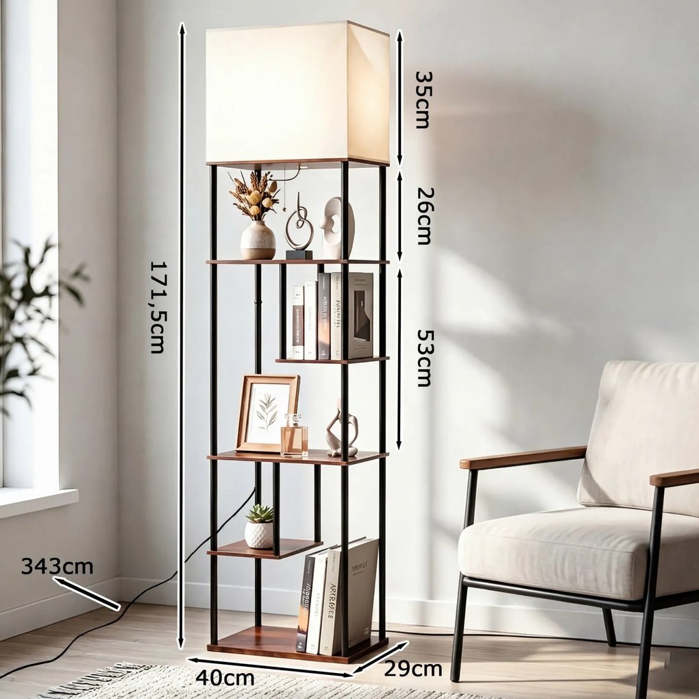 Costway Stojací lampa s policí 172 cm vysoká Stojací lampa s 5 policemi Moderní