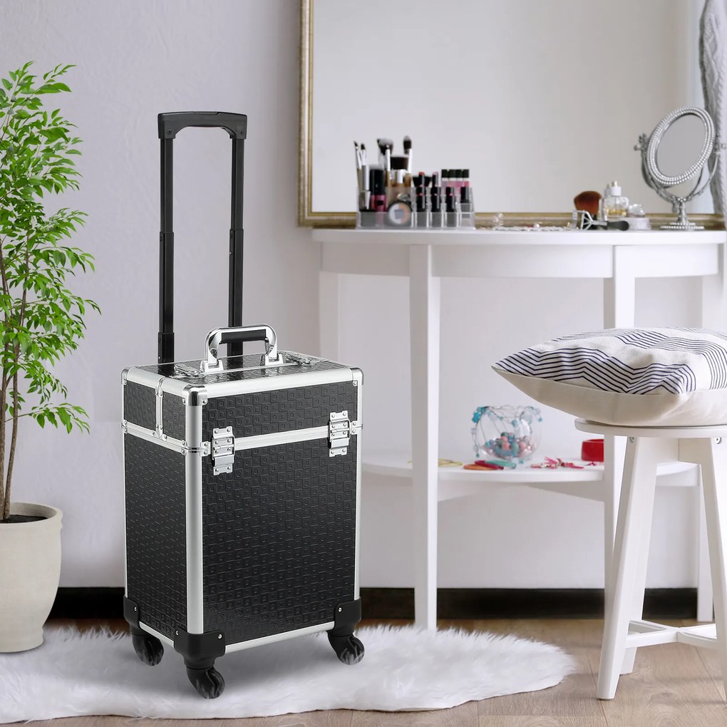 HOMCOM Kosmetický Vozík na Make-up s Telescopickým Držadlem - Nastavitelný, 34L x 24W x 52H cm, Hliník Černý