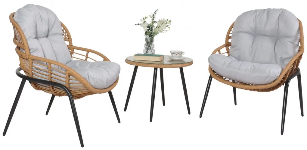 Set 2 křesílek a stolku HWC-N33 - přírodní barva, čalounění světle šedá