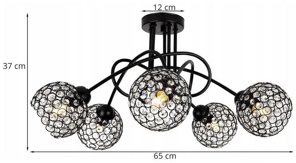 Stropní svítidlo Crystal, 5x černé křišťálové stínítko, b