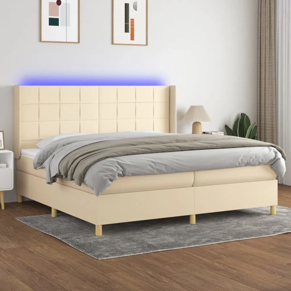 Box spring postel s matrací a LED krémová 200x200 cm textil