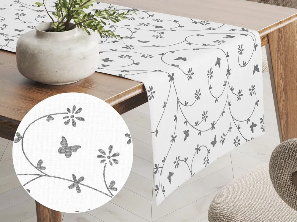 Biante Bavlněný běhoun na stůl Sandra SA-049 Drobné šedé květiny a motýlci na bílém 45x160 cm