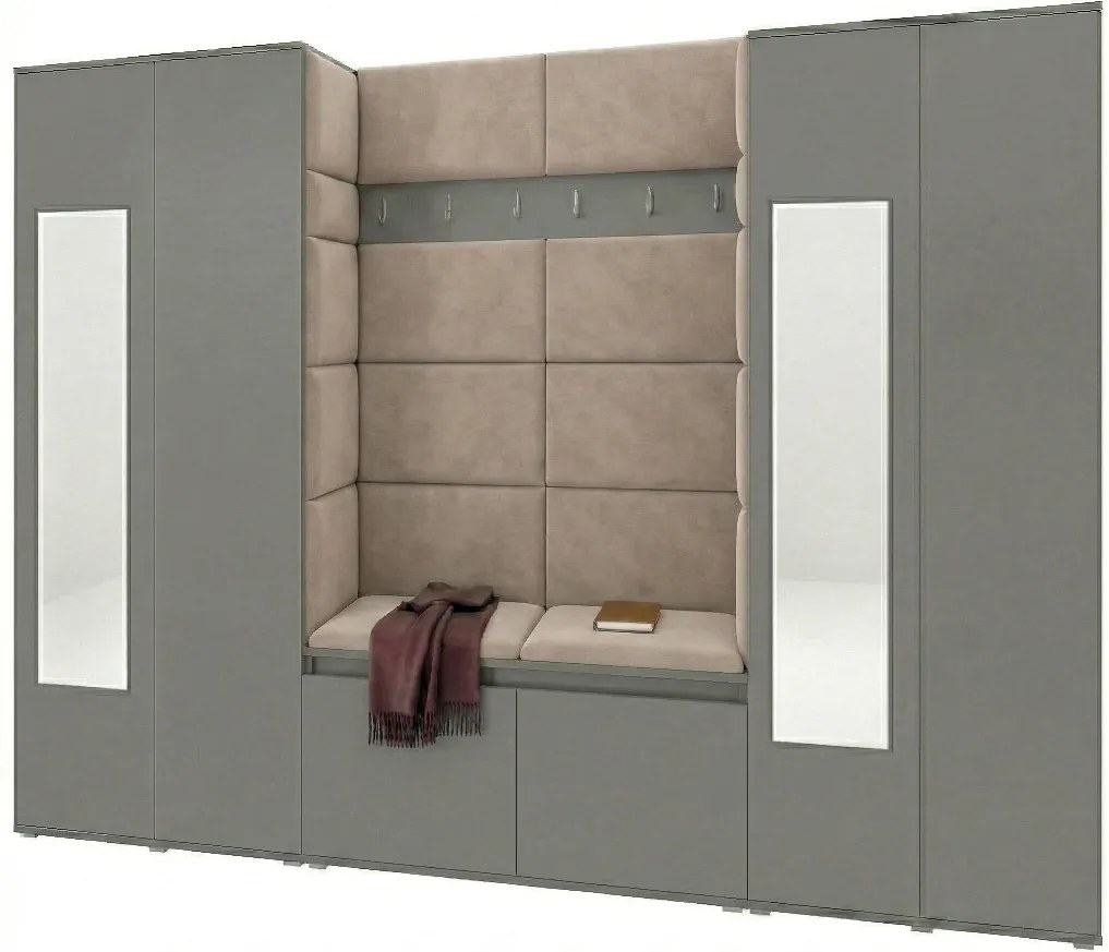 Předsíňová stěna Trinity 10 s čalouněnými panely, 280 cm, grafit/ tmavě krémová
