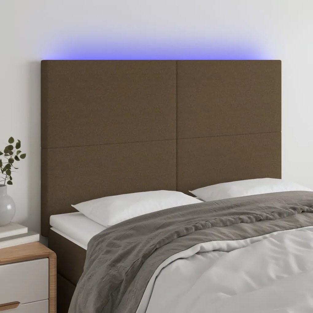 Čelo postele s LED tmavě hnědé 144x5x118/128 cm textil 3122145