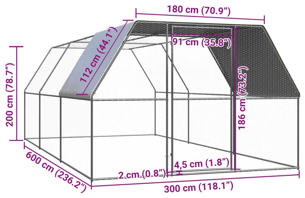 vidaXL Marketos Venkovní klec pro kuřata 3 x 6 x 2 m pozinkovaná ocel