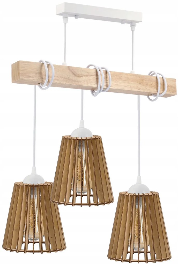 BERGE LED závěsné stropní svítidlo bílý dřevěný trám 3xE27 Dřevěný kuželový lustr