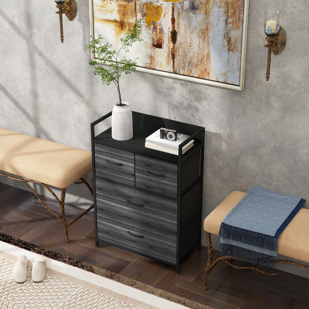 HOMCOM komoda, sideboard, 4 látkové zásuvky, průmyslový design, 60x29x85 cm, černá