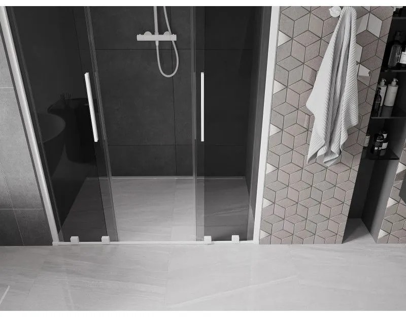 Mexen Velar L Duo, posuvné sprchové dveře do otvoru 150 cm, 8mm šedé sklo, bílá matná, 871-150-003-42-20