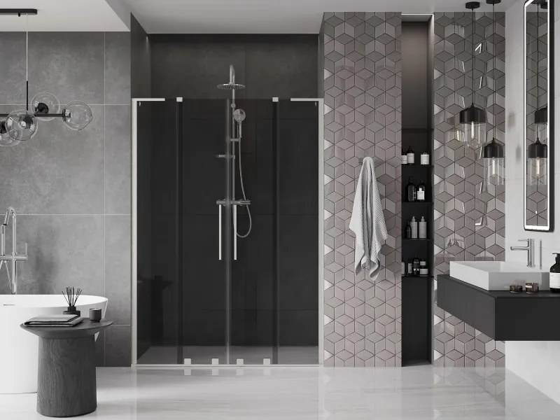 Mexen Velar L Duo, posuvné sprchové dveře do otvoru 160 cm, 8mm šedé sklo, broušená ocel, 871-160-003-42-97