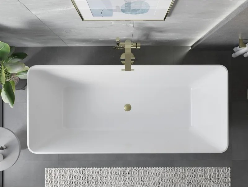 Mexen Velo Slim, volně stojící vana 170 × 75 cm, bílá/černá lesklá, zlatý matný přepad, 52811707575-55