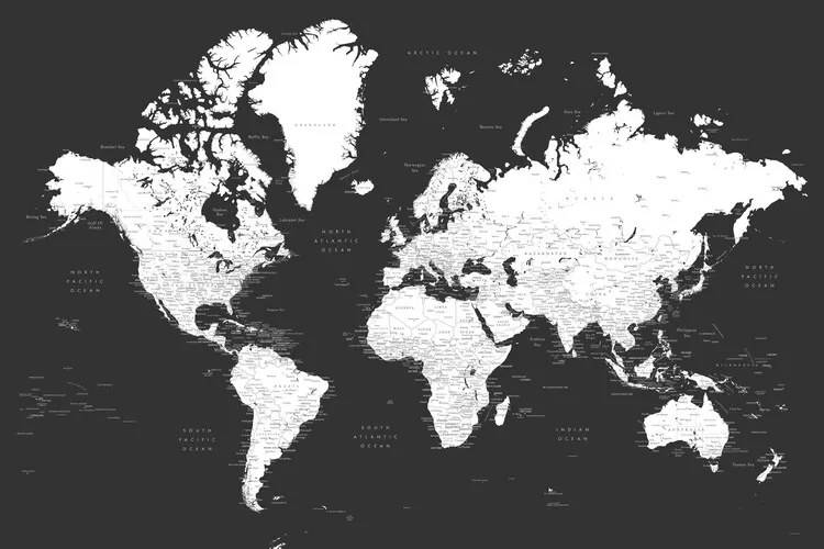 Plakát, Obraz - Blursbyai - Black and white world map, (60 x 40 cm)