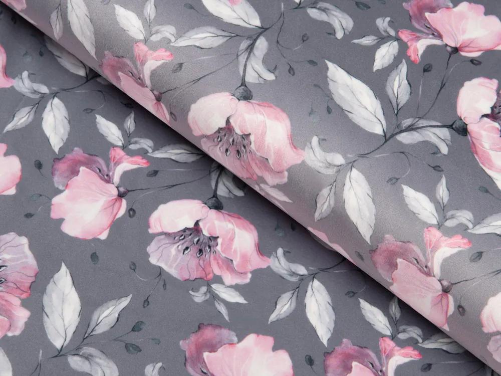 Biante Sametový povlak na polštář s lemem Tamara TMR-013 Růžové květy na šedém 50 x 60 cm