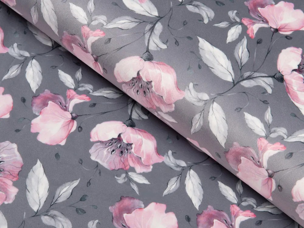 Biante Sametový povlak na polštář Tamara TMR-013 Růžové květy na šedém 45 x 45 cm
