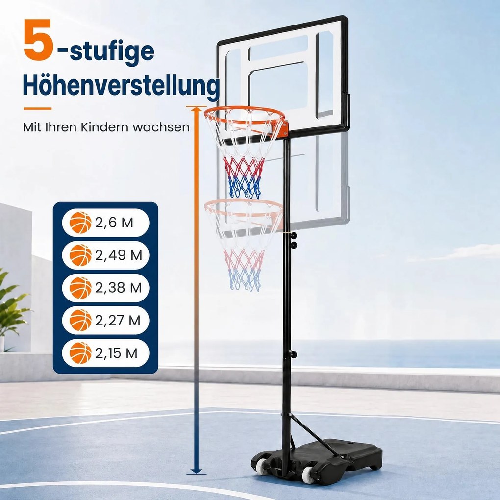 Costway Výškově nastavitelný basketbalový stojan s kolečky, ruční klikou