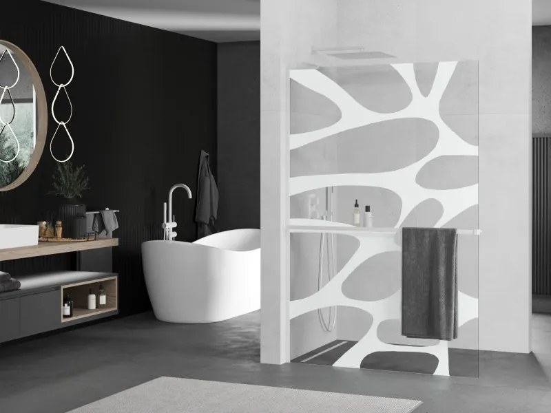 Mexen Kioto+ L, sprchová zástěna Walk-In s poličkou a věšákem 90 x 200 cm, 8mm čiré sklo bílý vzor, bílý profil, 800-090-123-20-97