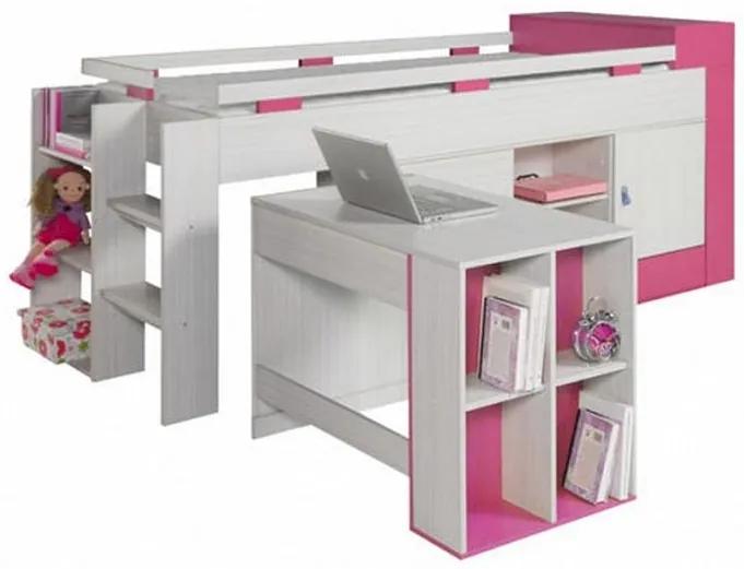 Vyvýšená postel s psacím stolem Adéla 4, lamino + ABS, jasan / růžová
