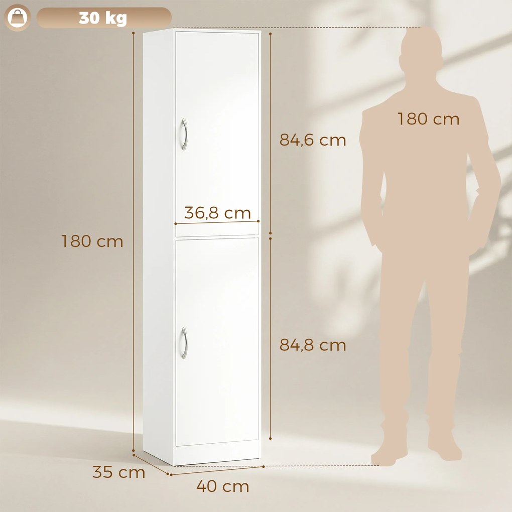 HOMCOM knihovna se 5 policemi a 2 dvířky, nastavitelné police, 40 × 35 × 180 cm, bílá